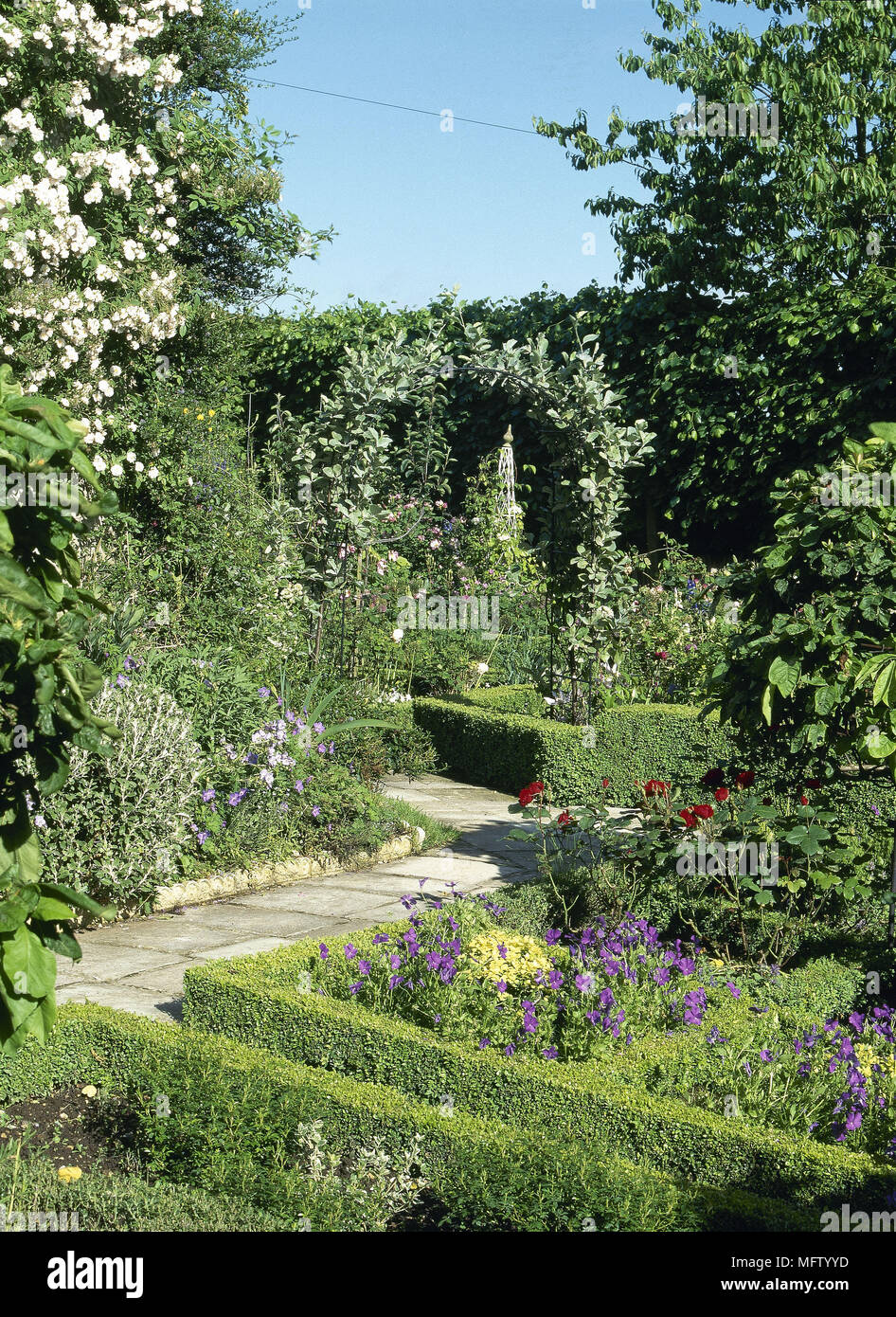 Garden pathway flower beds with hedge border covered arch trellis ...