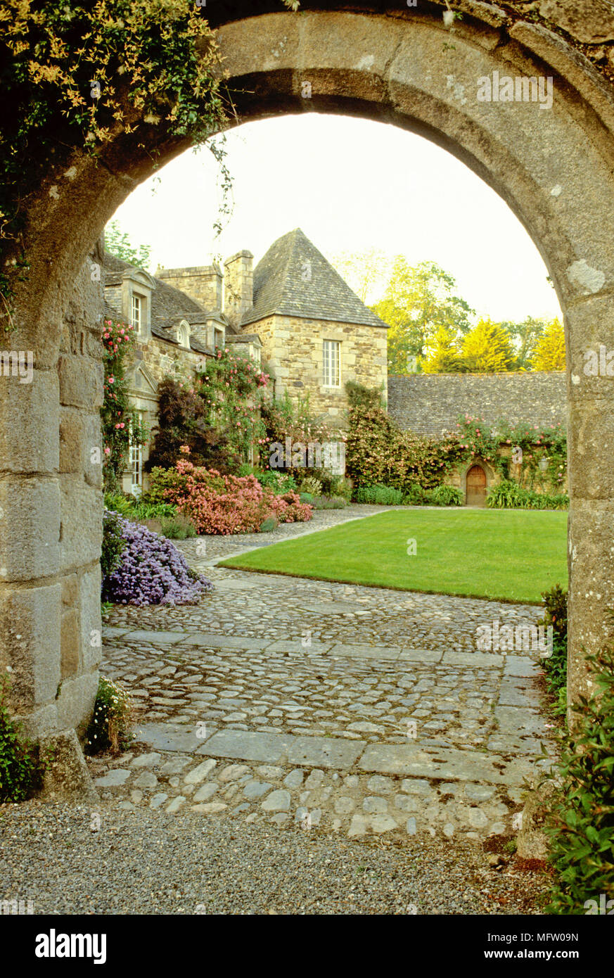 View through archway entrance to a garden with plantings of Ceanothus ...