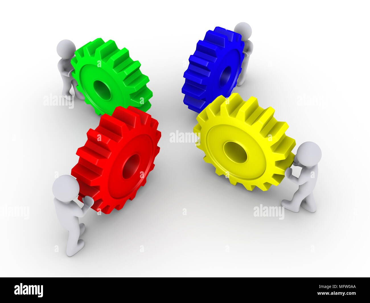 Four 3d people pushing different colored cogwheels Stock Photo - Alamy