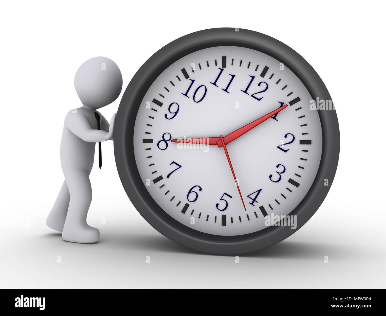 3d person with tie is pushing a clock Stock Photo - Alamy