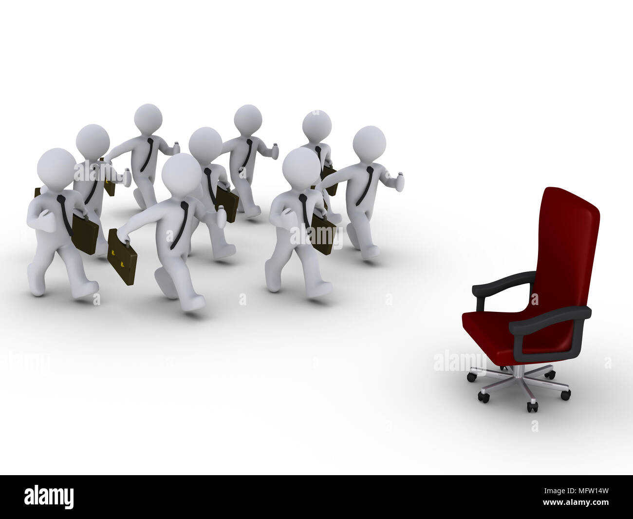 Several 3d businessmen run towards a red chair Stock Photo - Alamy