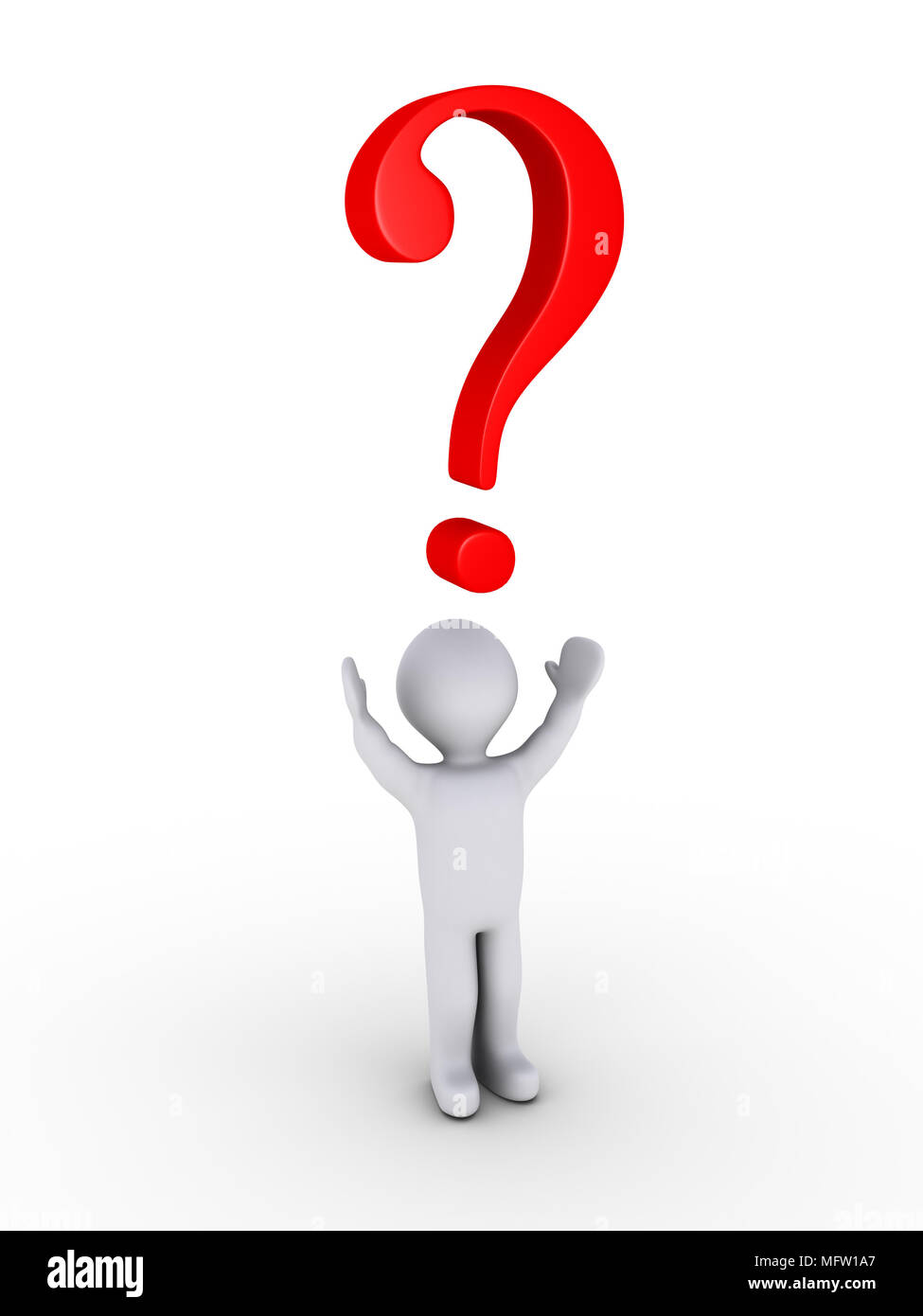 3d person asking why and looking up at a red question mark Stock Photo ...