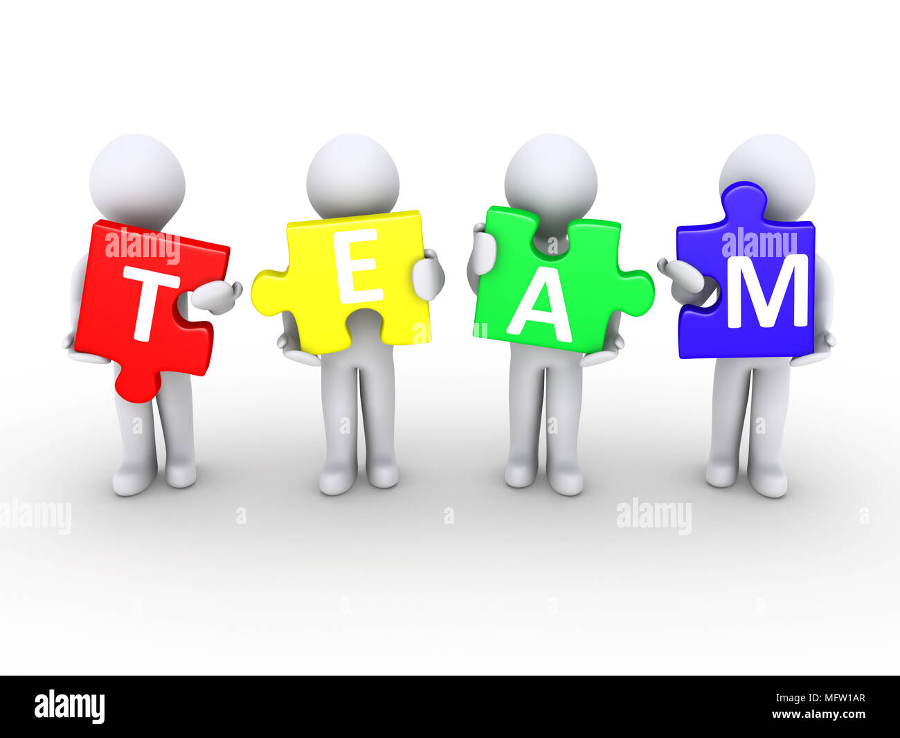Four 3d persons holding puzzle pieces that form the word team Stock ...