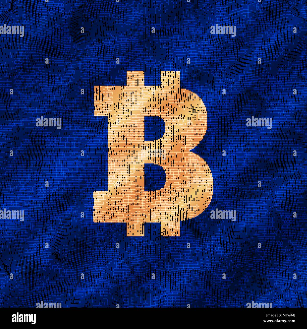 Golden bitcoin sign on the digital flowing structure. Vector ...