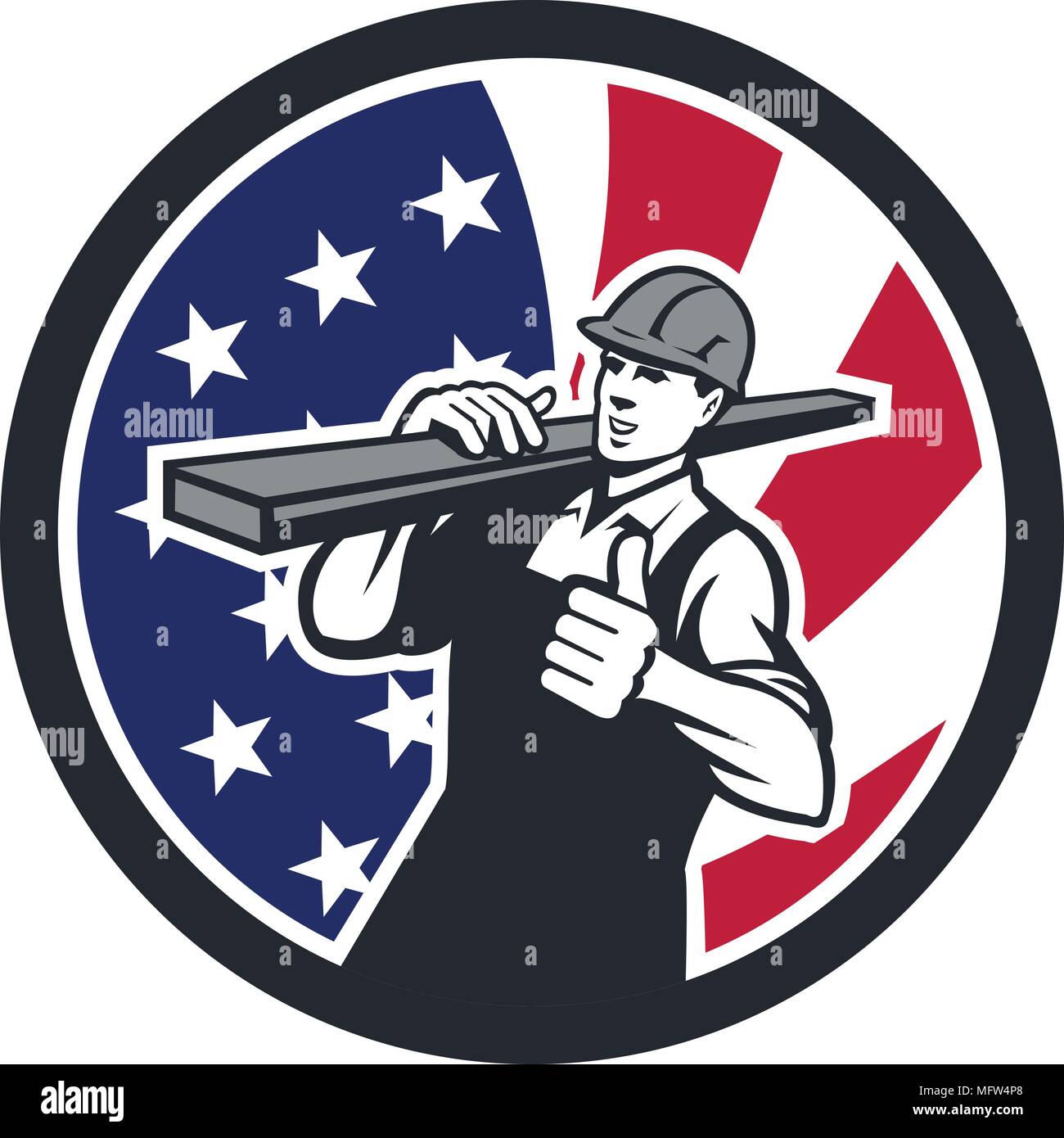 Icon retro style illustration of an American lumberyard worker carrying ...