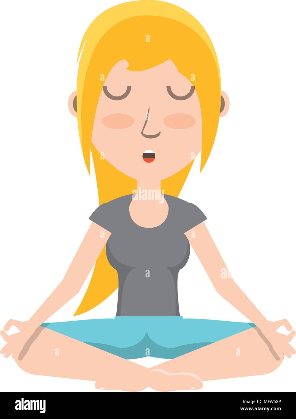 cartoon woman doing yoga with lotus posture over white background ...