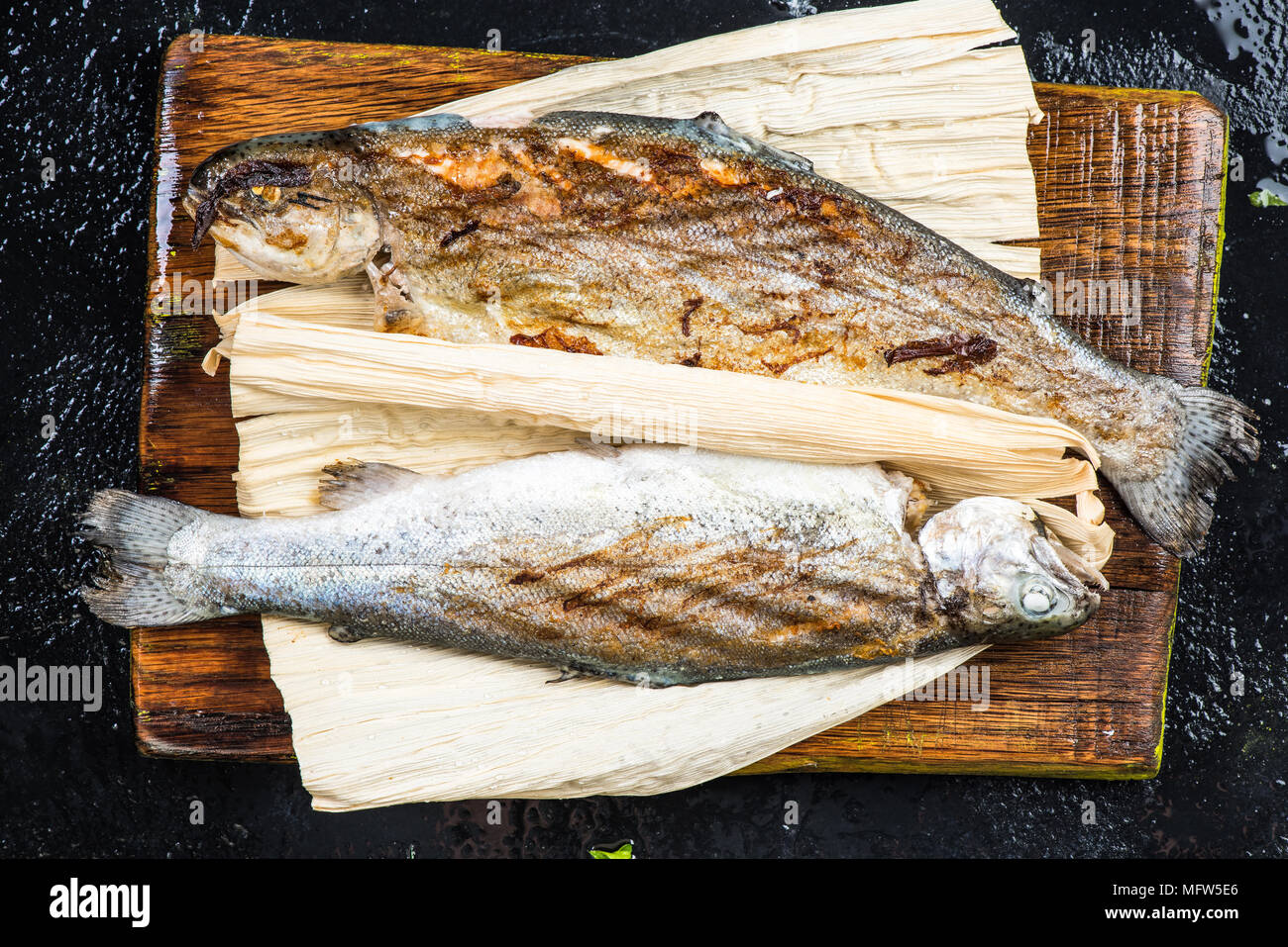 Grilled trout in horn husk, top view Stock Photo - Alamy