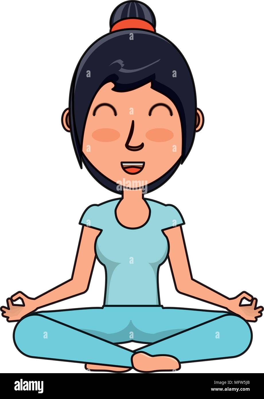 cartoon woman doing yoga with lotus posture over white background ...