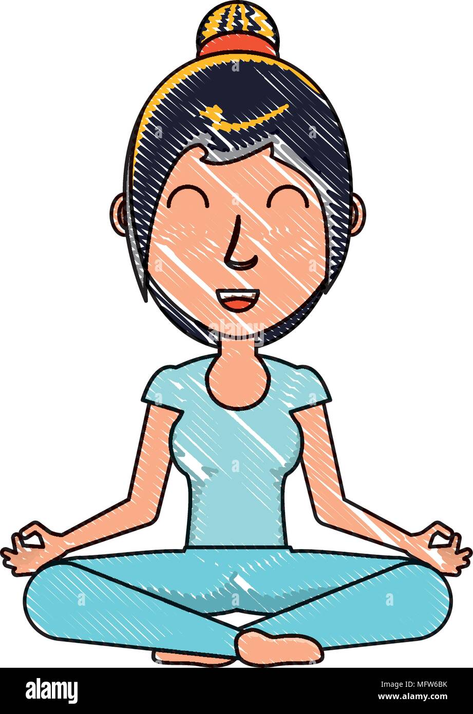 cartoon woman doing yoga with lotus posture over white background ...