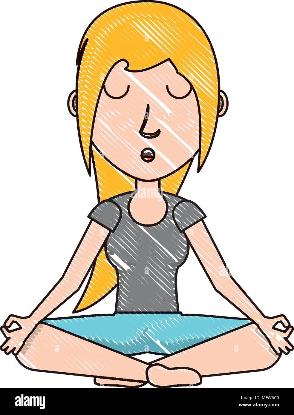 cartoon woman doing yoga with lotus posture over white background ...