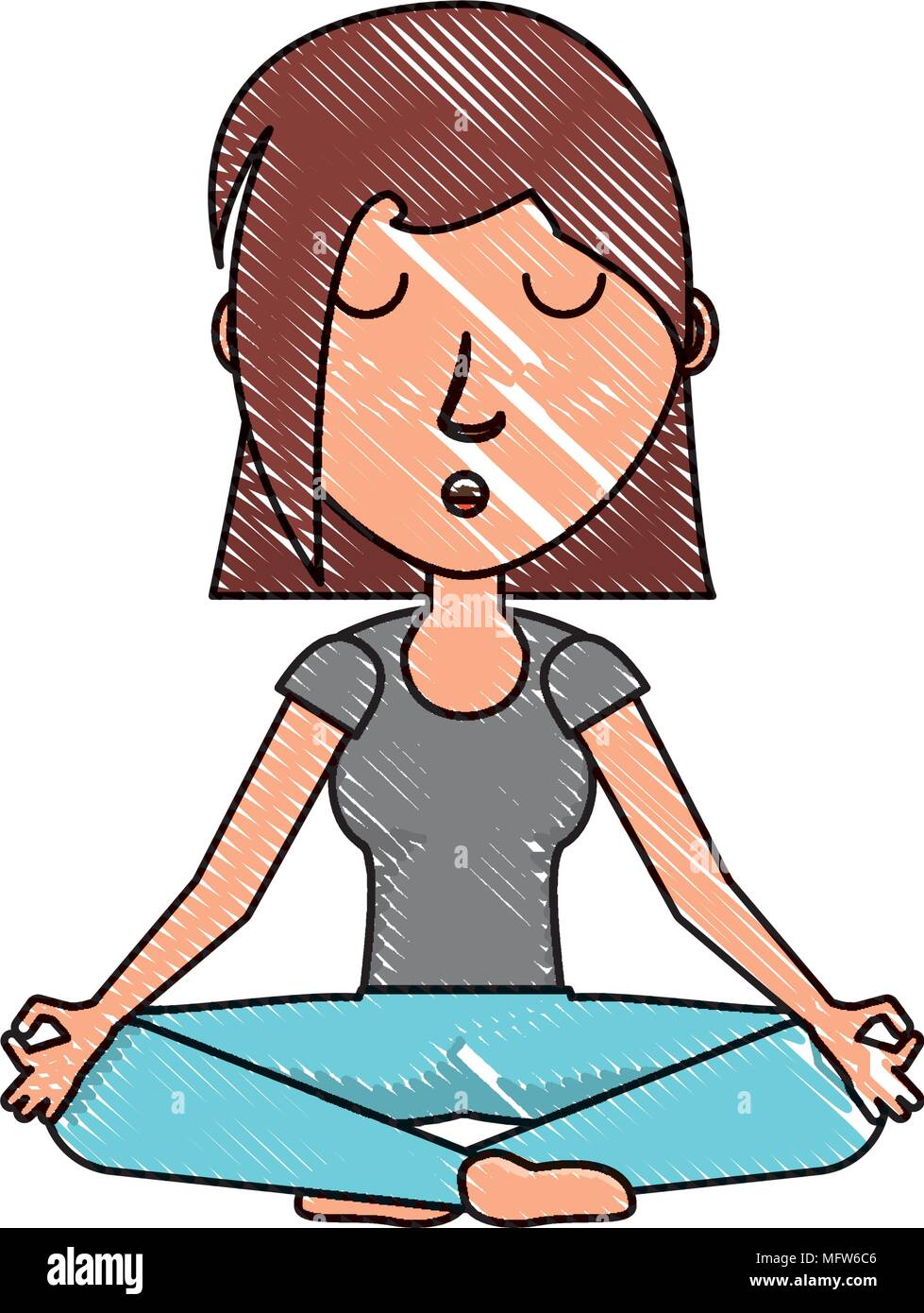 cartoon woman doing yoga with lotus posture over white background ...