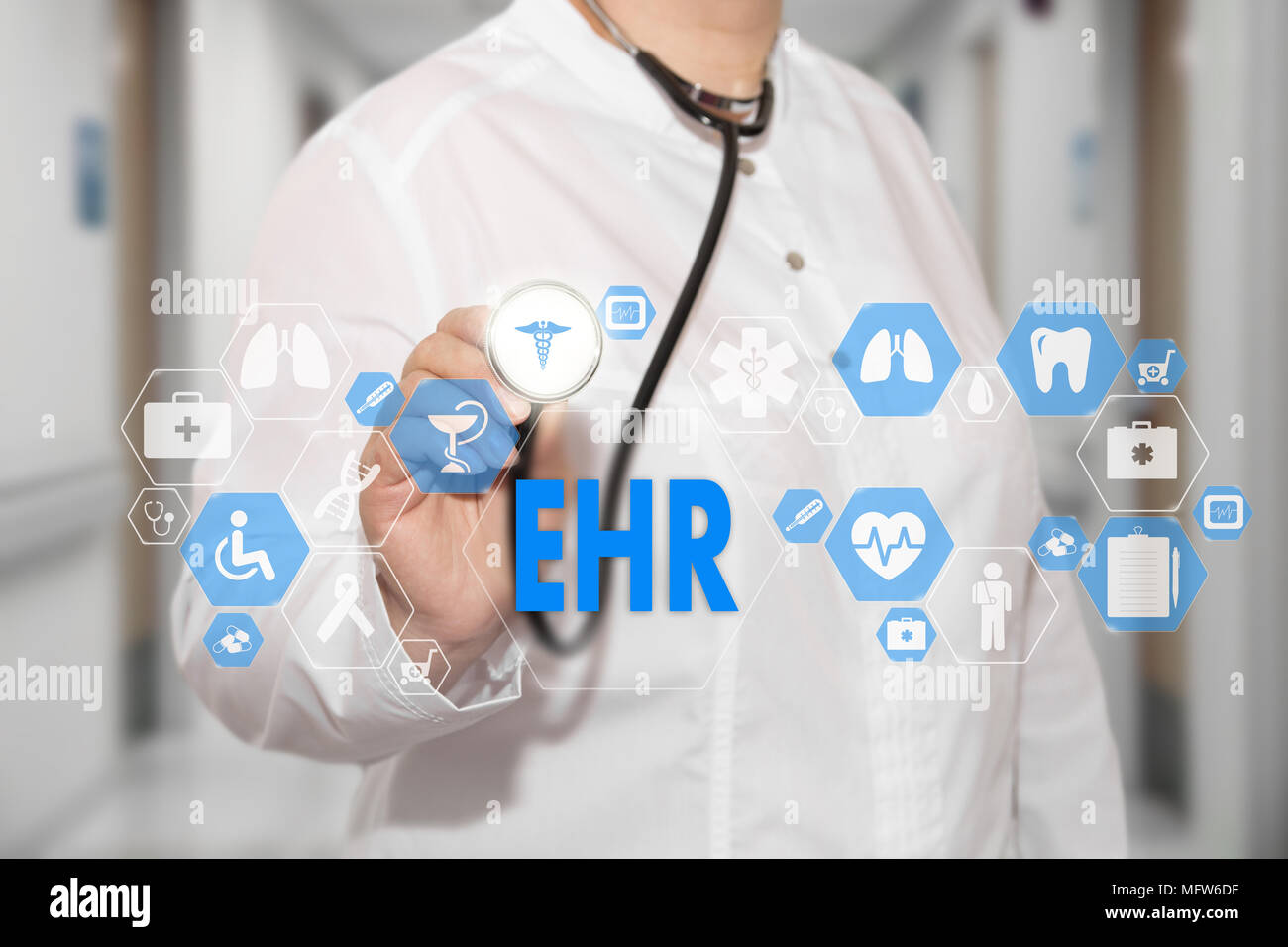 Electronic health record. EHR on the touch screen with medicine icons ...