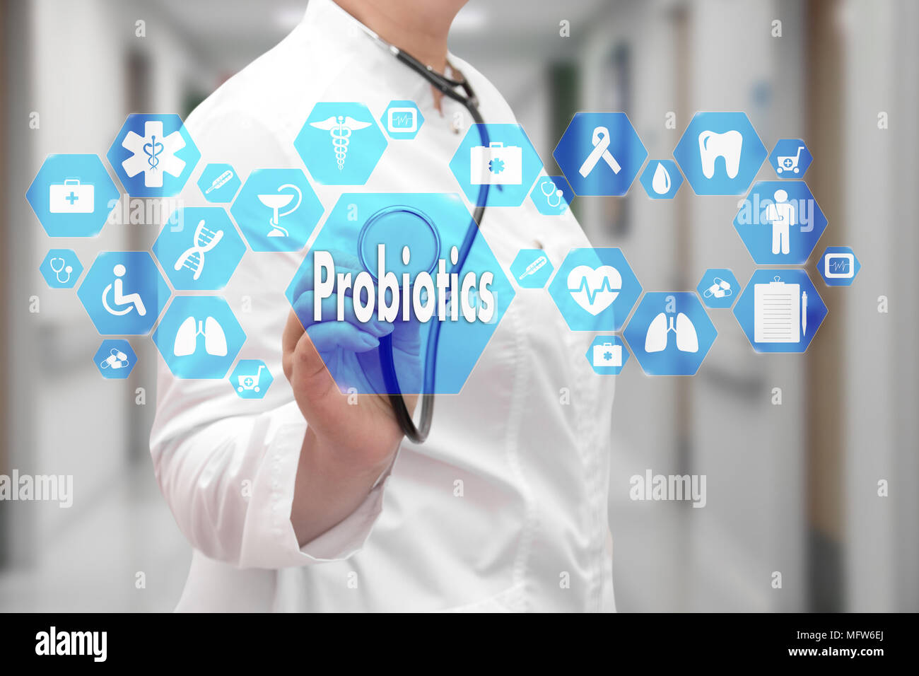 Probiotics on the touch screen with icons on the medicine background ...