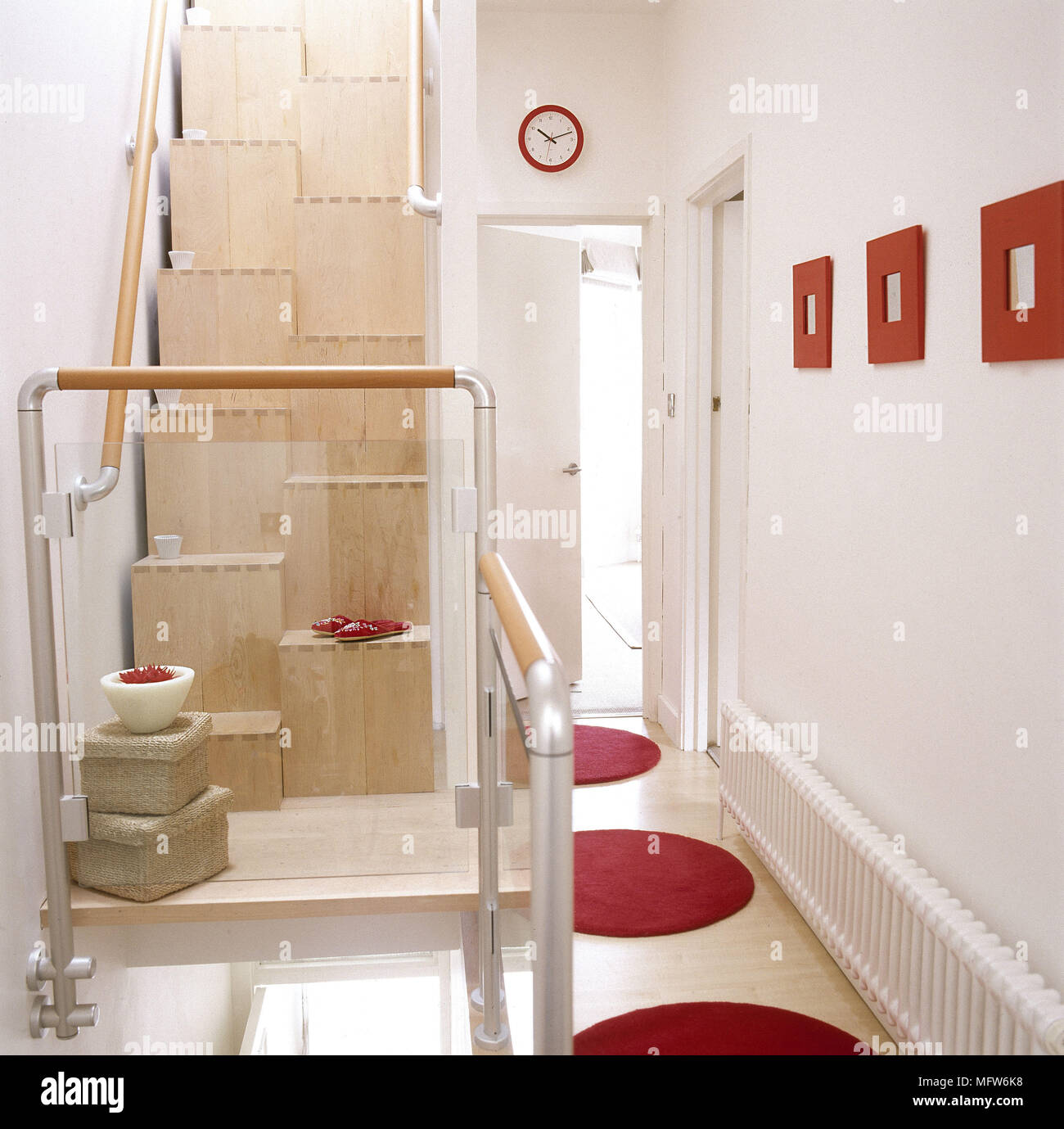 Modern hallway with staircase made from wooden boxes Stock Photo - Alamy