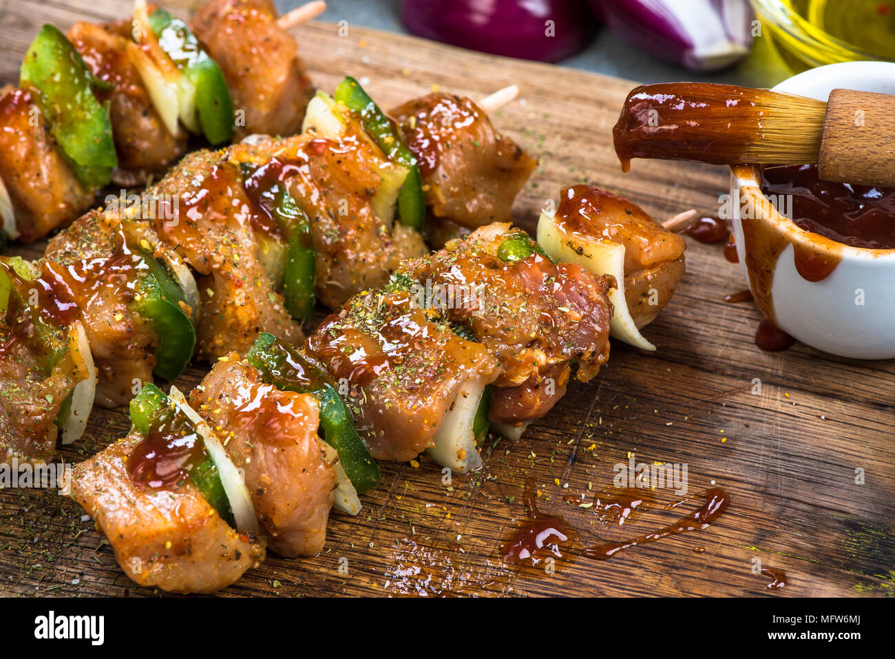 Mixed skewers with spieces and glaze Stock Photo - Alamy