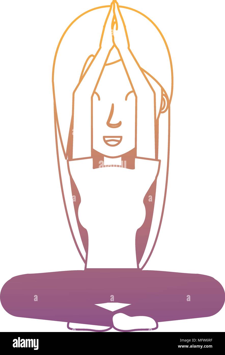 cartoon woman practicing yoga doing namaste gesture over white ...