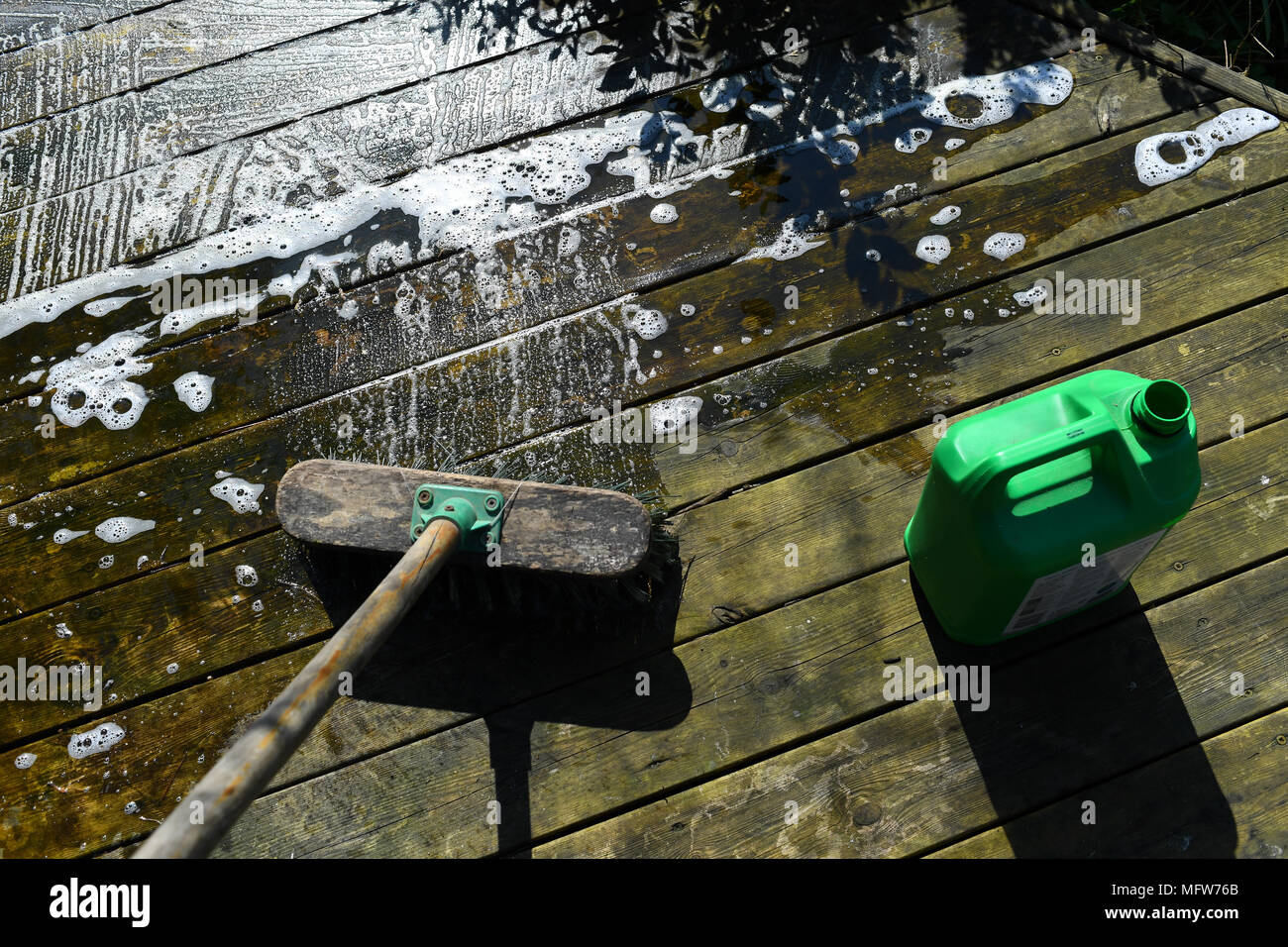 Green and dirty algae covered garden decking in the process of being ...