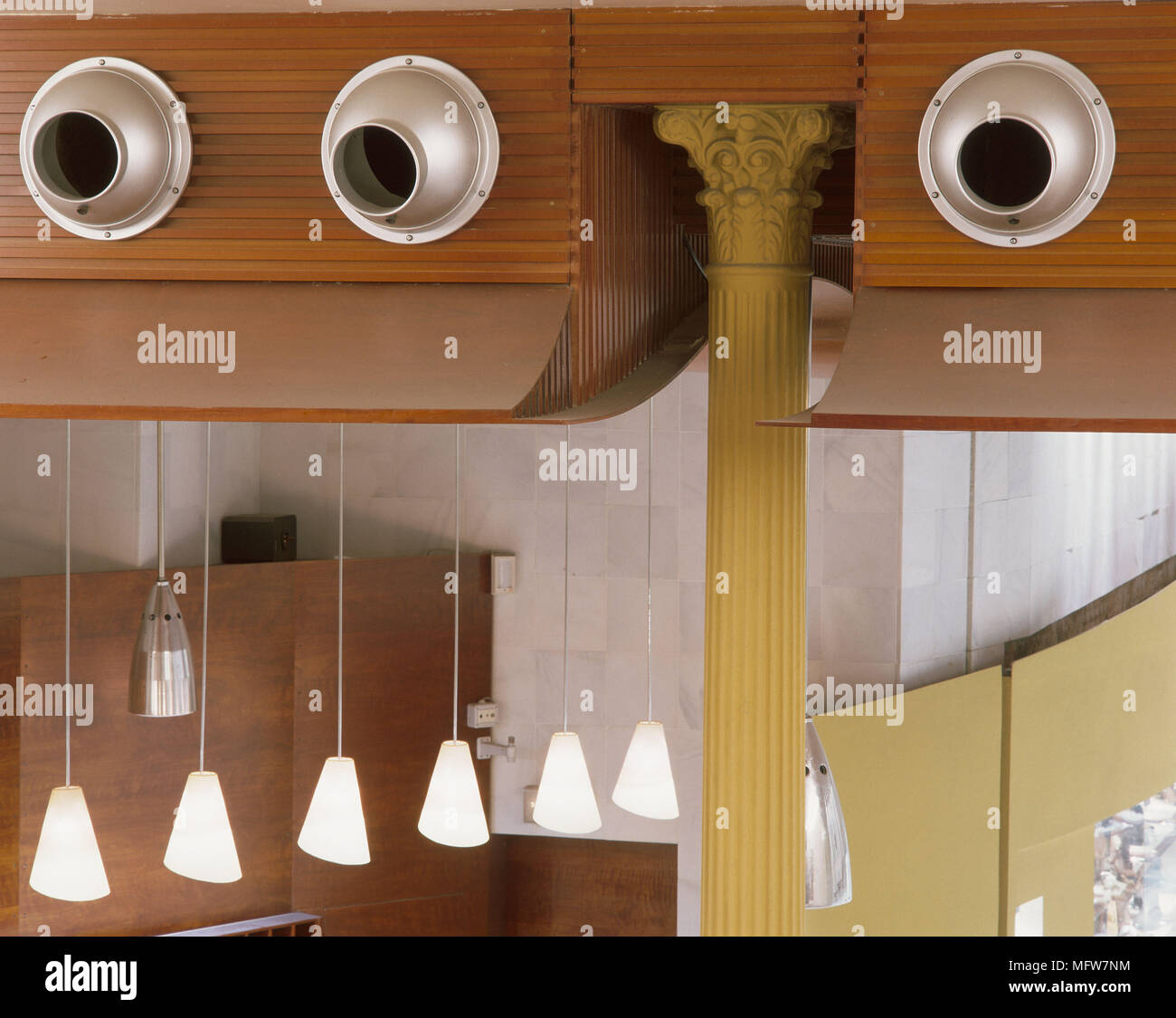 Architectural detail of classic column and contemporary lighting Stock ...