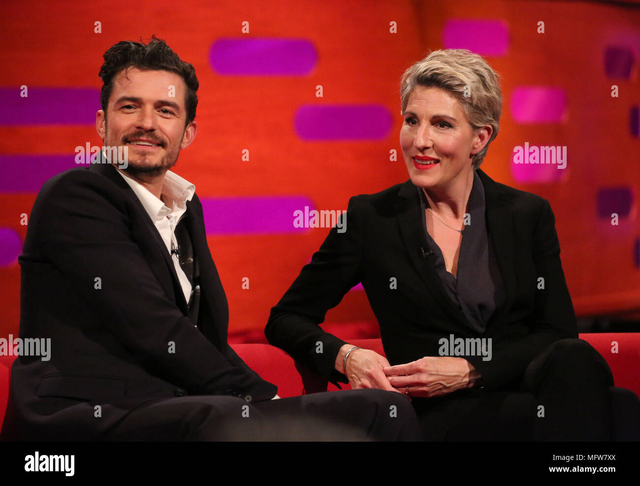 Orlando Bloom and Tamsin Greig during filming for the Graham Norton ...