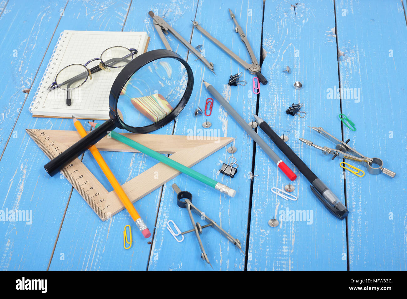 Science and education - Desktop of the scientist objects wood ...