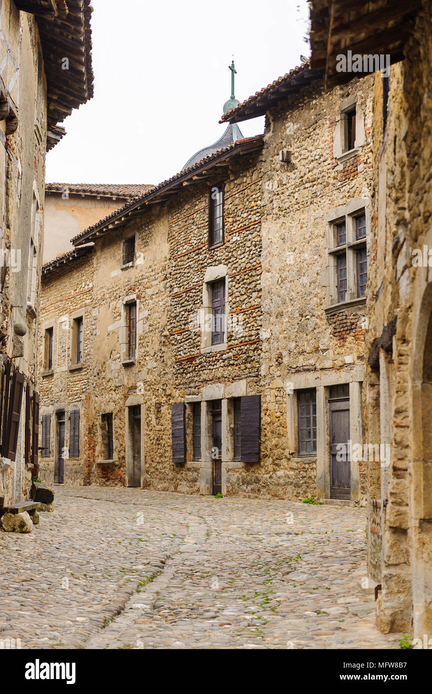 Medieval architecture of Perouges, France, a walled town, a popular ...