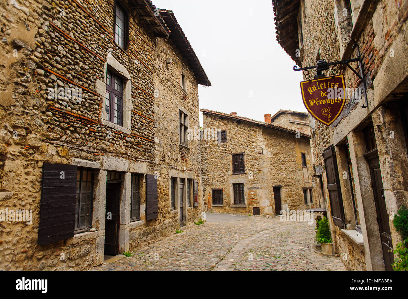 Medieval architecture of Perouges, France, a walled town, a popular ...
