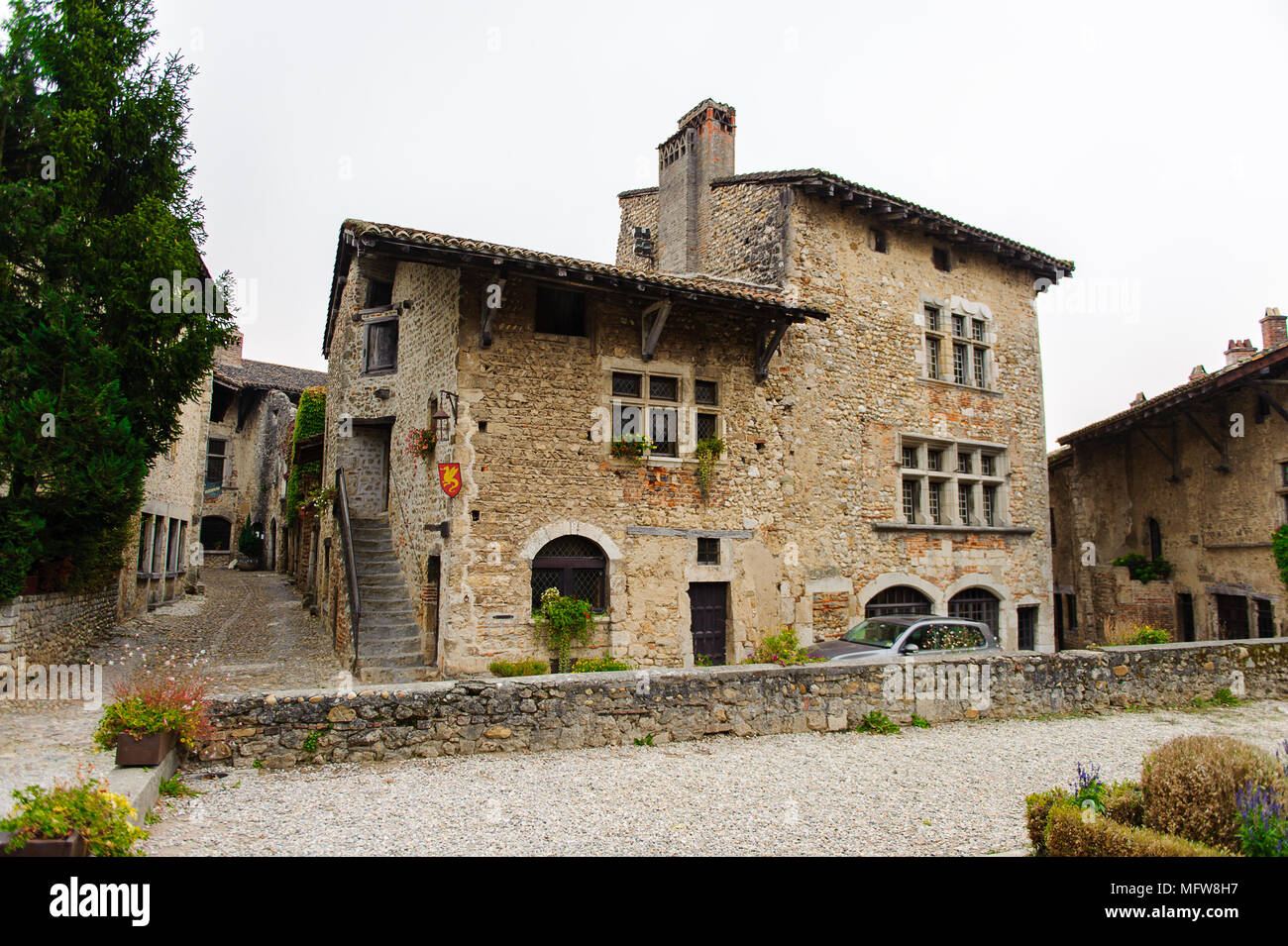 Medieval architecture of Perouges, France, a walled town, a popular ...