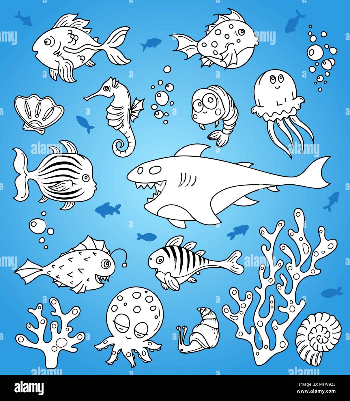 Ocean life, marine inhabitants outline vector set Stock Vector Image ...