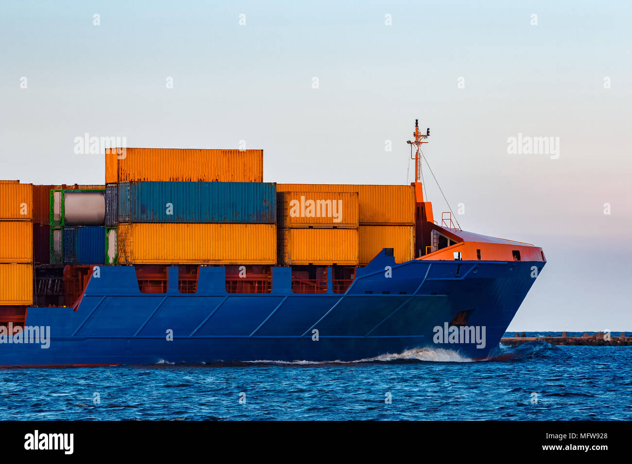 Blue container ship. Global logistics and merchandise transfer Stock ...