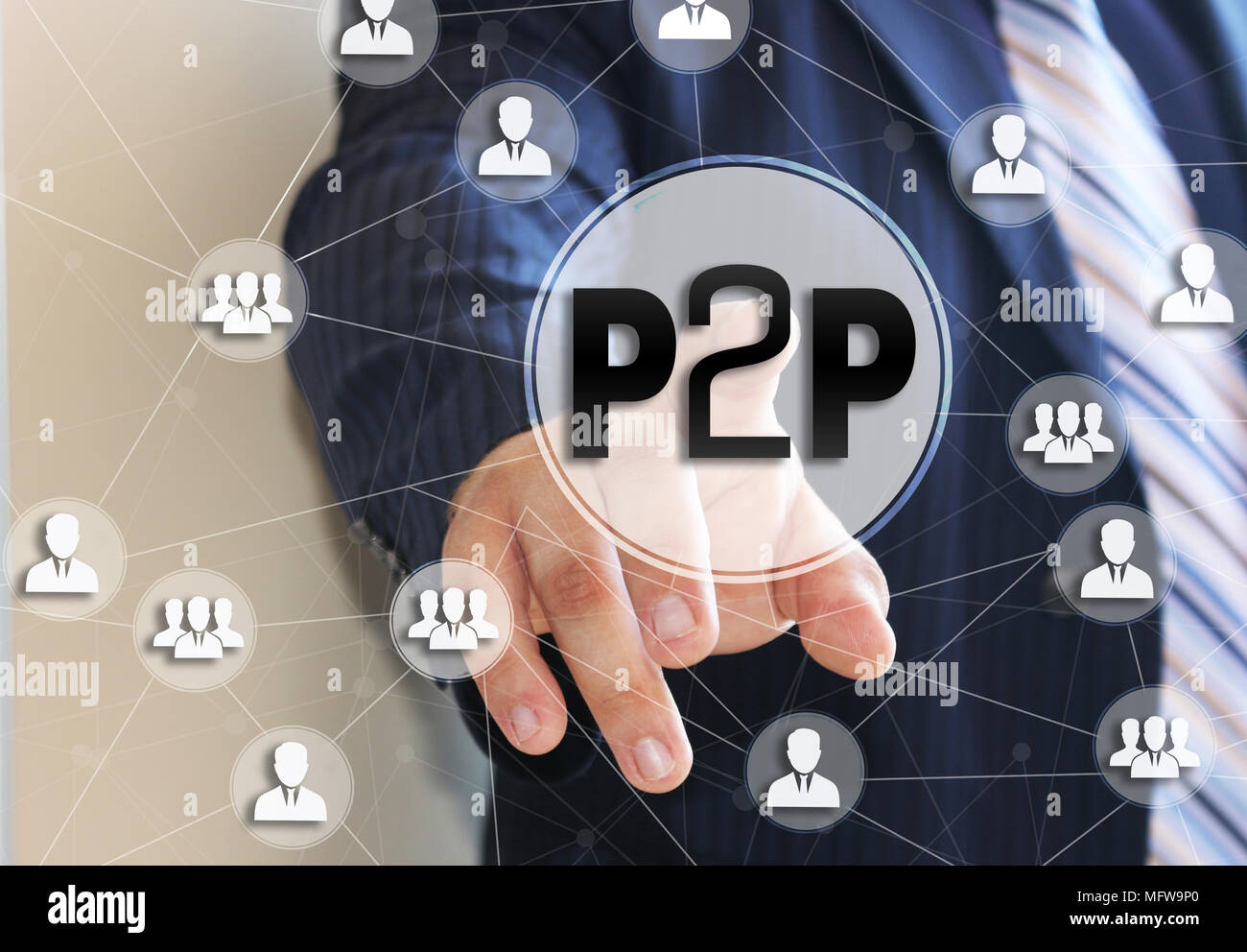 The businessman chooses the P2P, Peer to peer on a touch screen. Peer ...