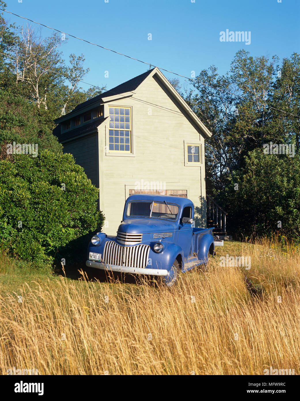 Blue truck outside exterior of new build country style house Stock ...