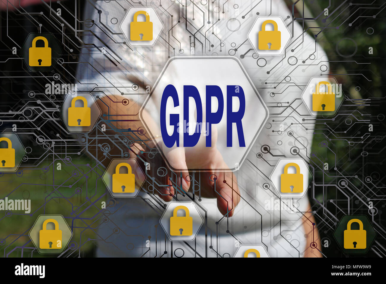 The businesswoman chooses the GDPR on the touch screen .General Data ...