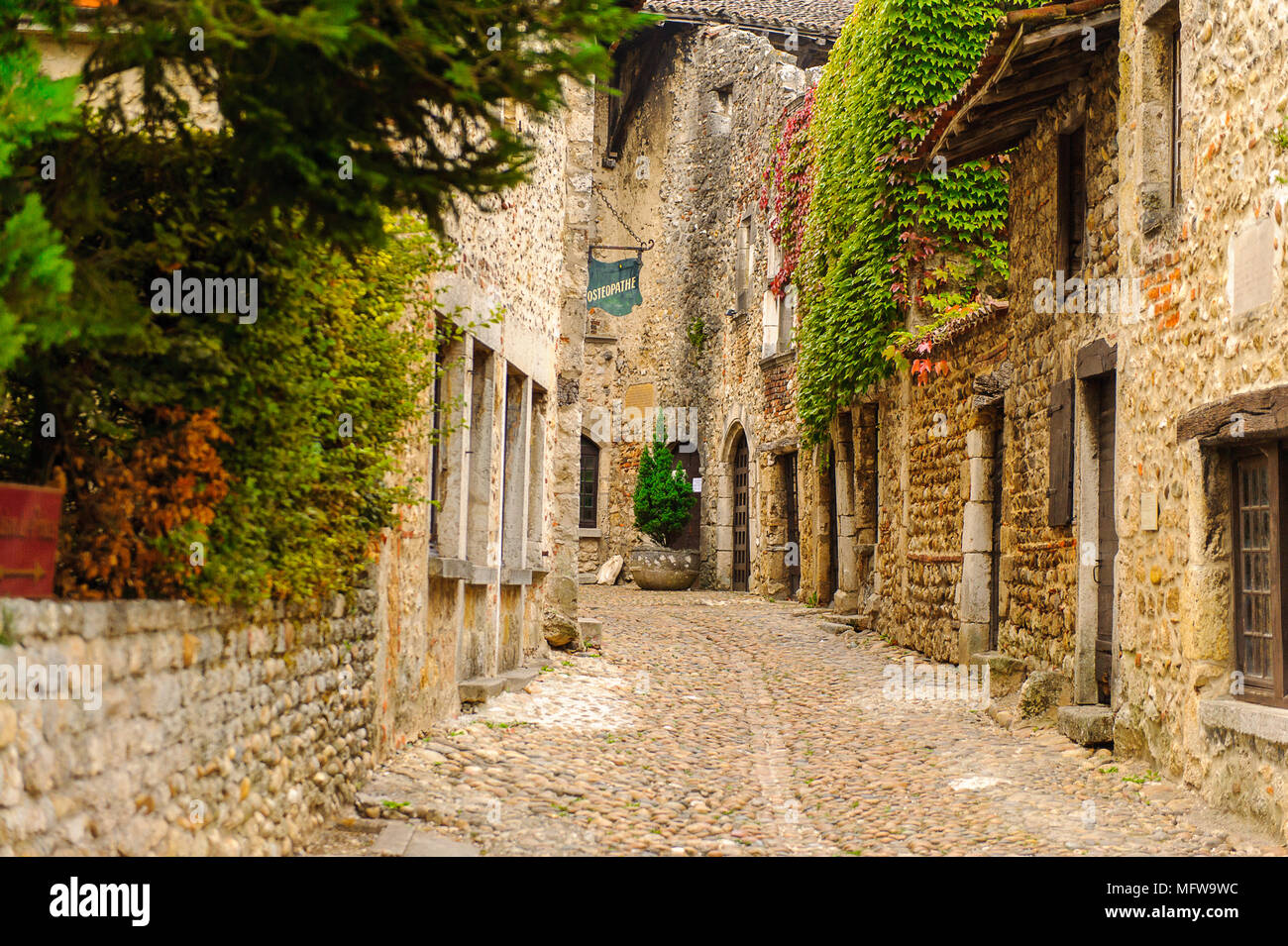 Medieval architecture of Perouges, France, a walled town, a popular ...