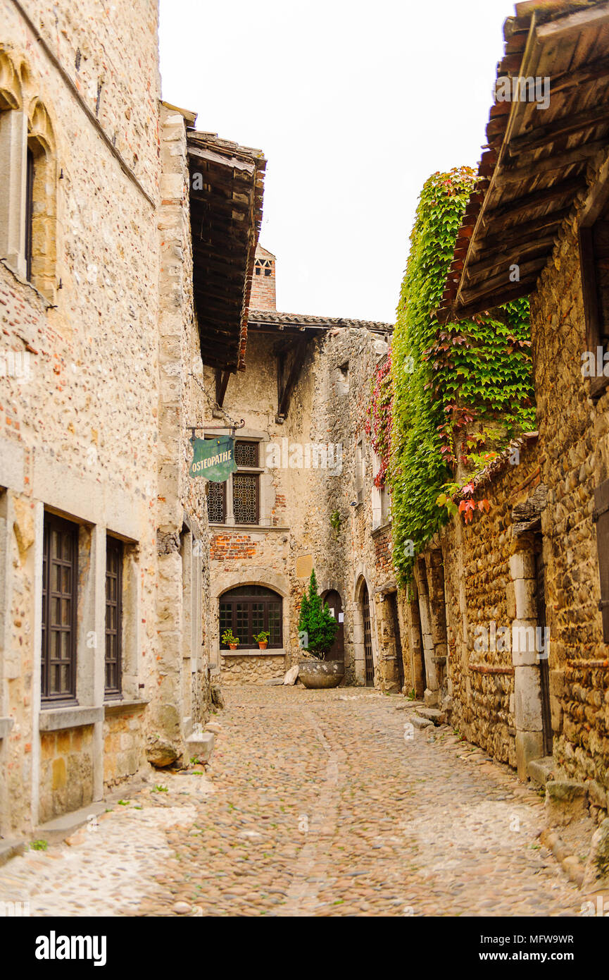 Medieval architecture of Perouges, France, a walled town, a popular ...