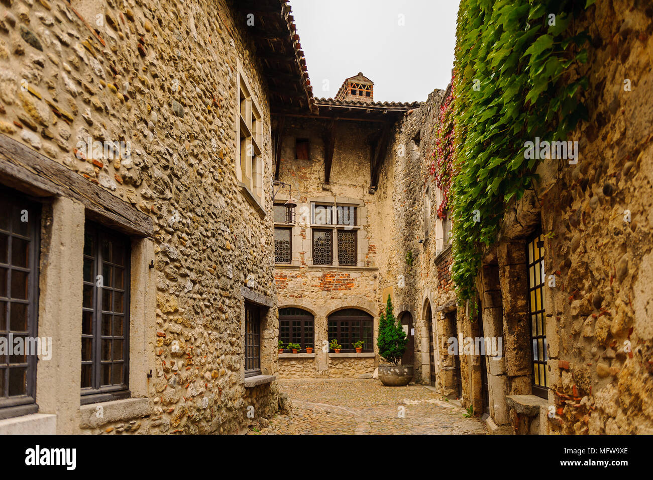 Medieval architecture of Perouges, France, a walled town, a popular ...