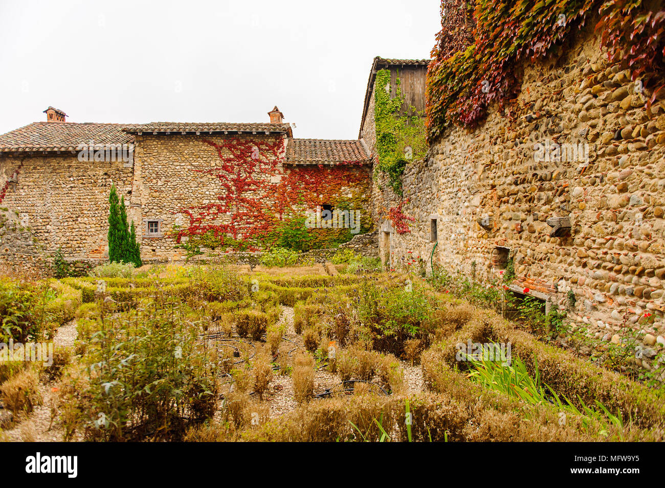 Stone house of Perouges, France, a medieval walled town, a popular ...