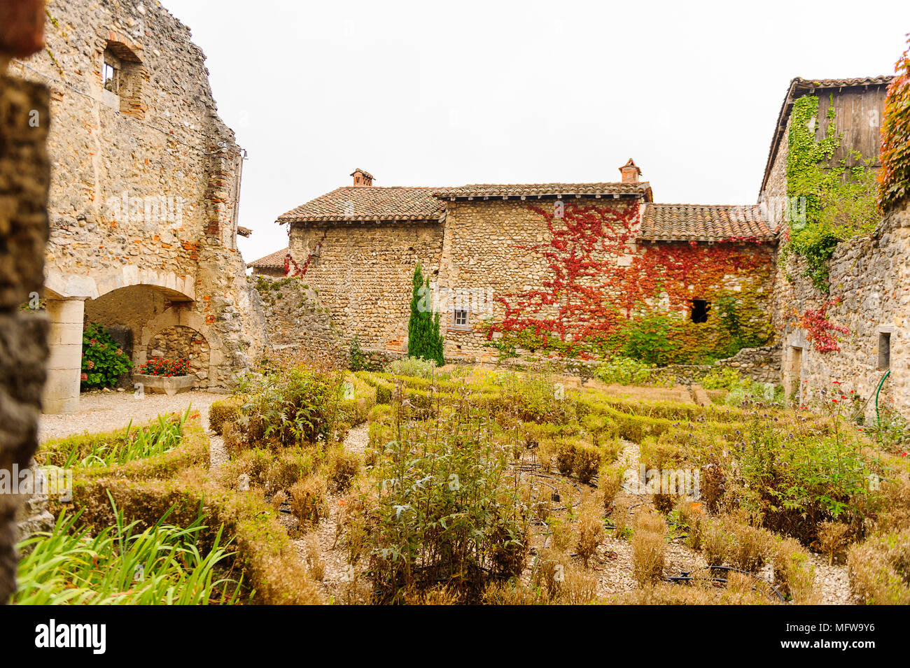 Stone house of Perouges, France, a medieval walled town, a popular ...