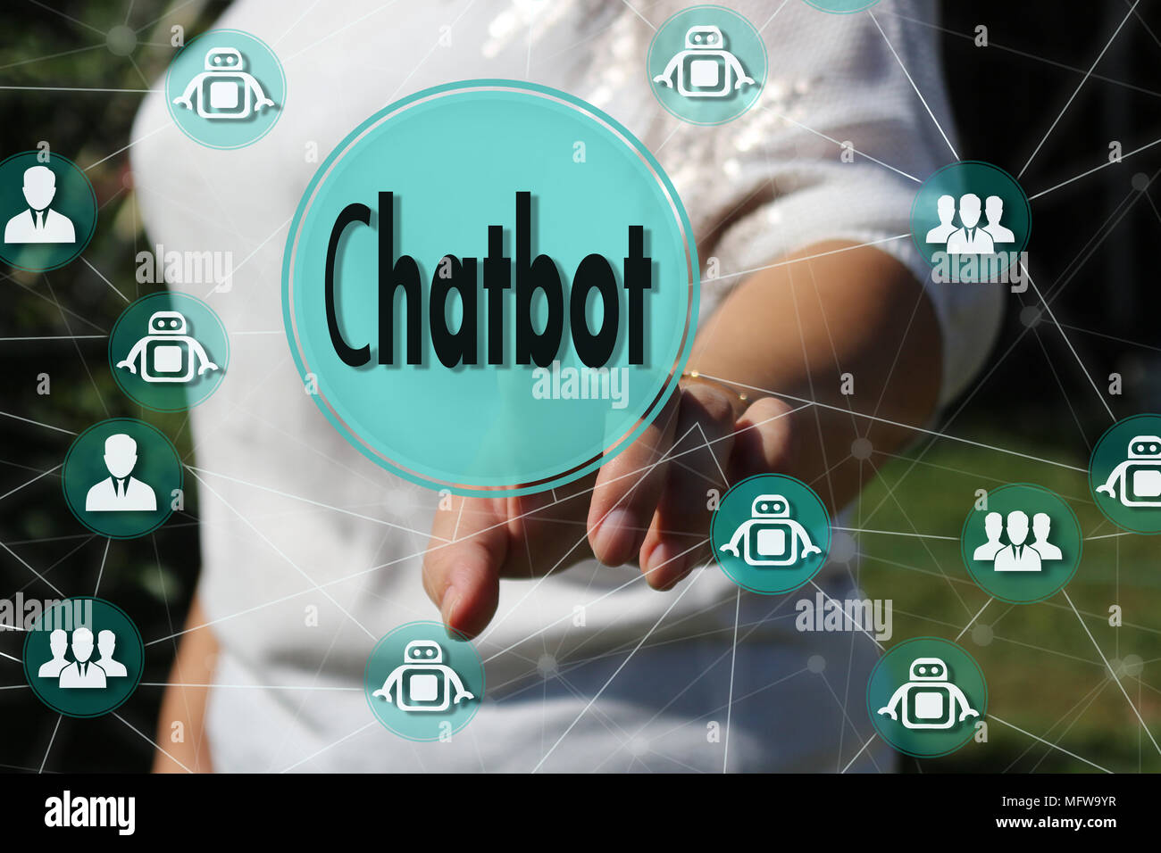 The business woman chooses Chatbot a touch screen. The concept of a ...