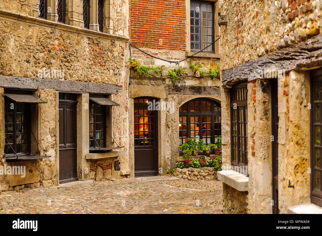 Stone house of Perouges, France, a medieval walled town, a popular ...