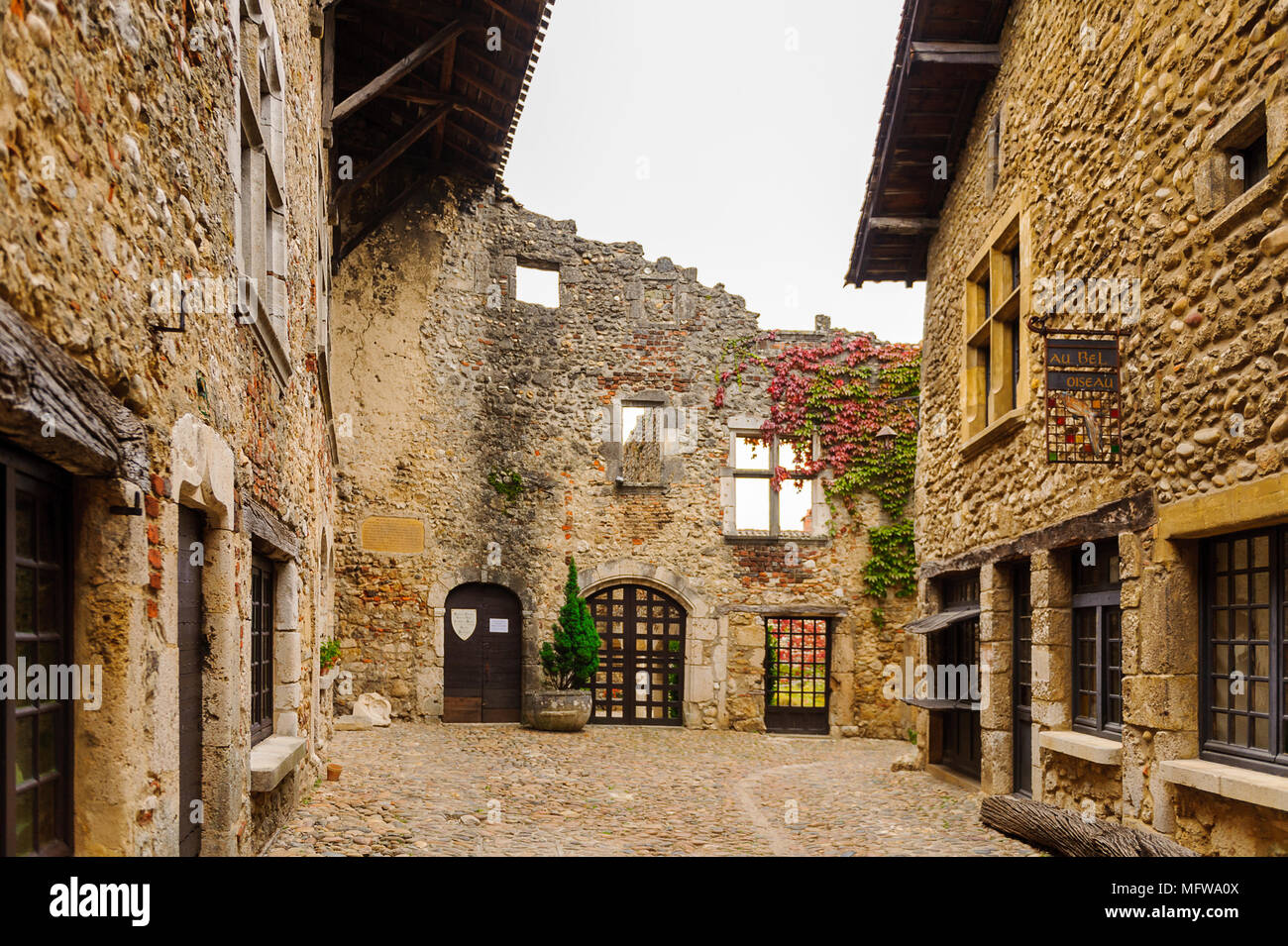 Stone house of Perouges, France, a medieval walled town, a popular ...
