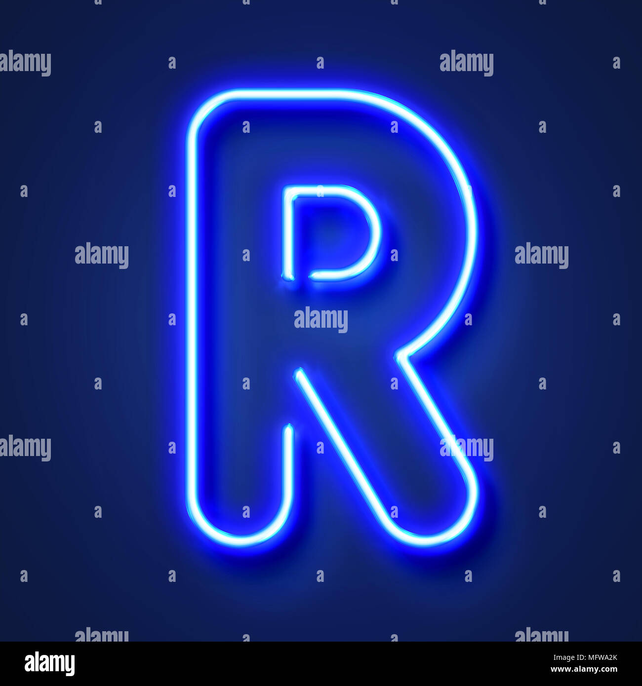 Letter R realistic glowing blue neon letter against a blue background ...