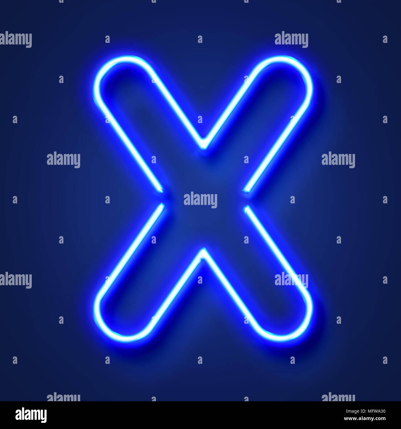 Letter X realistic glowing blue neon letter against a blue background ...