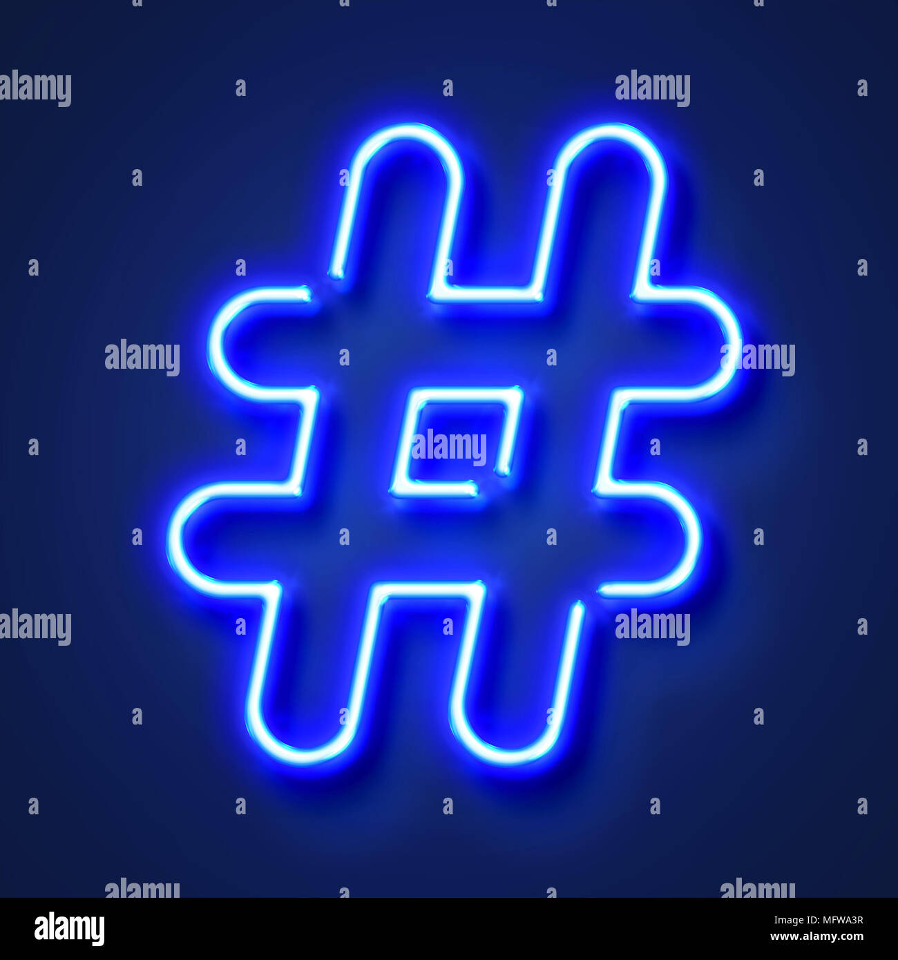 Hashtag realistic glowing blue neon letter against a blue background ...