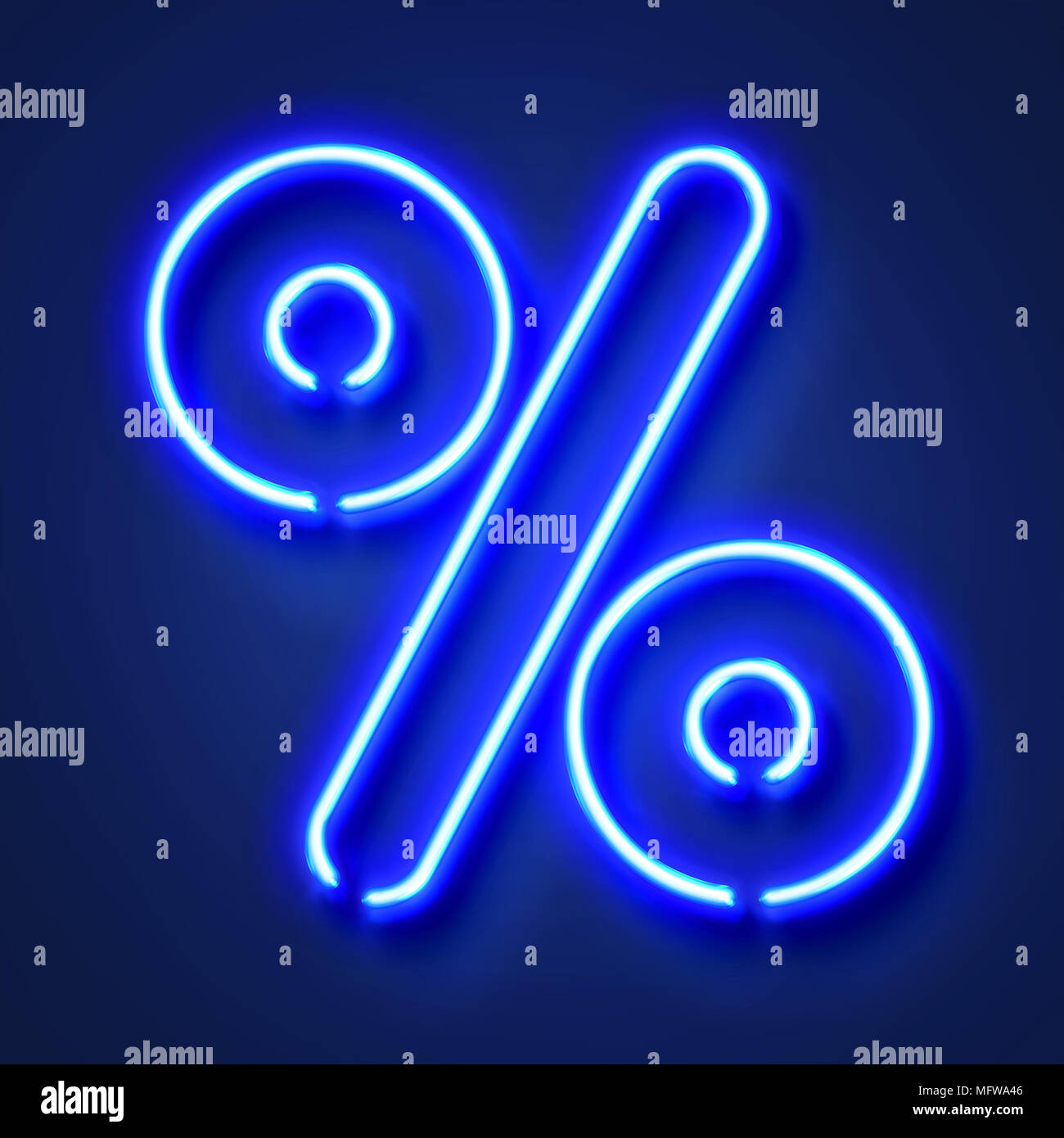 Percentage symbol realistic glowing blue neon letter against a blue ...
