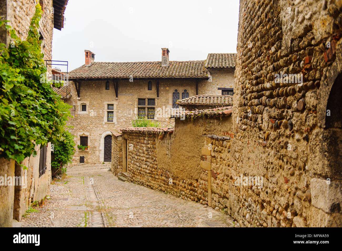 Medieval architecture of Perouges, France, a walled town, a popular ...