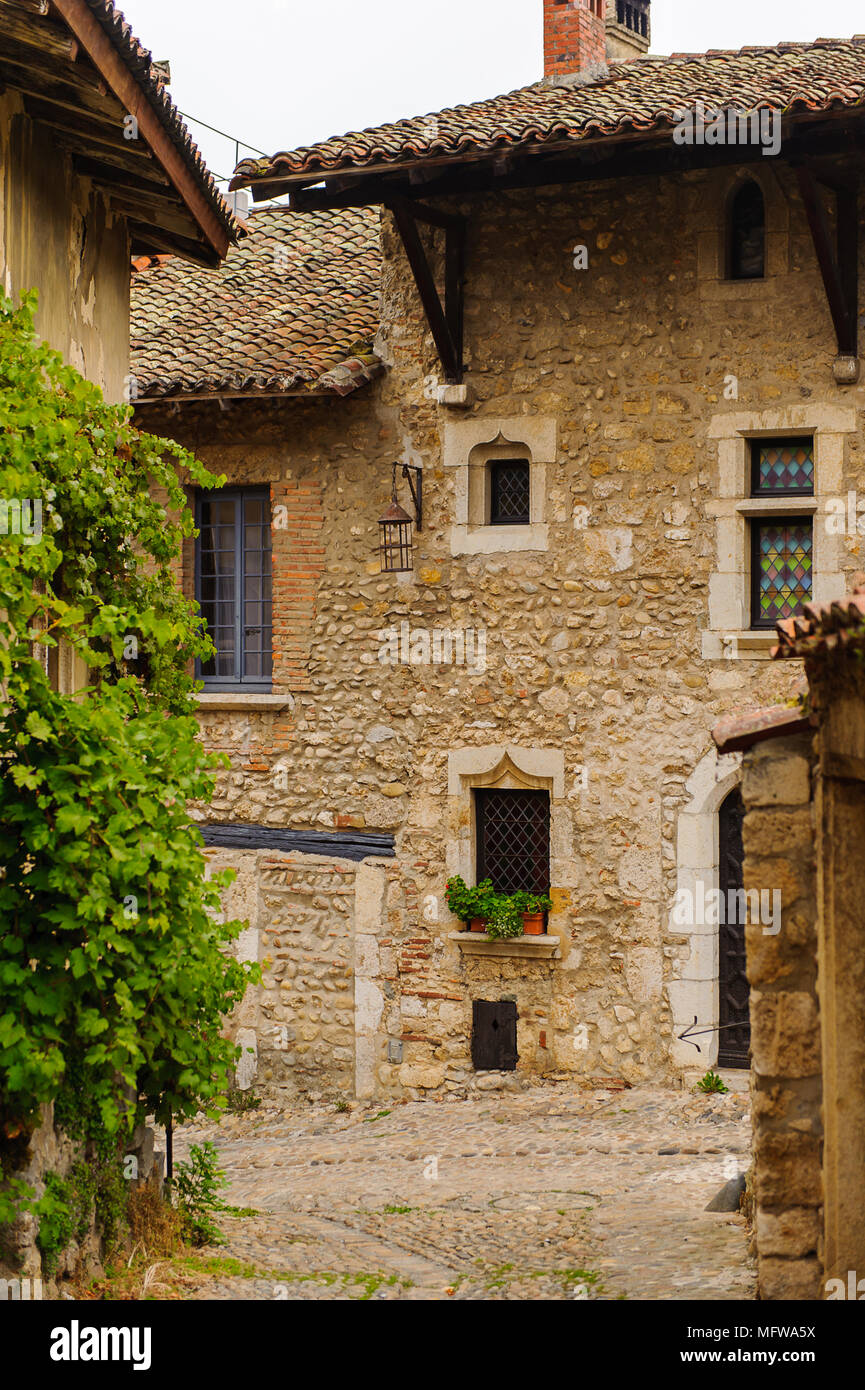 Medieval architecture of Perouges, France, a walled town, a popular ...