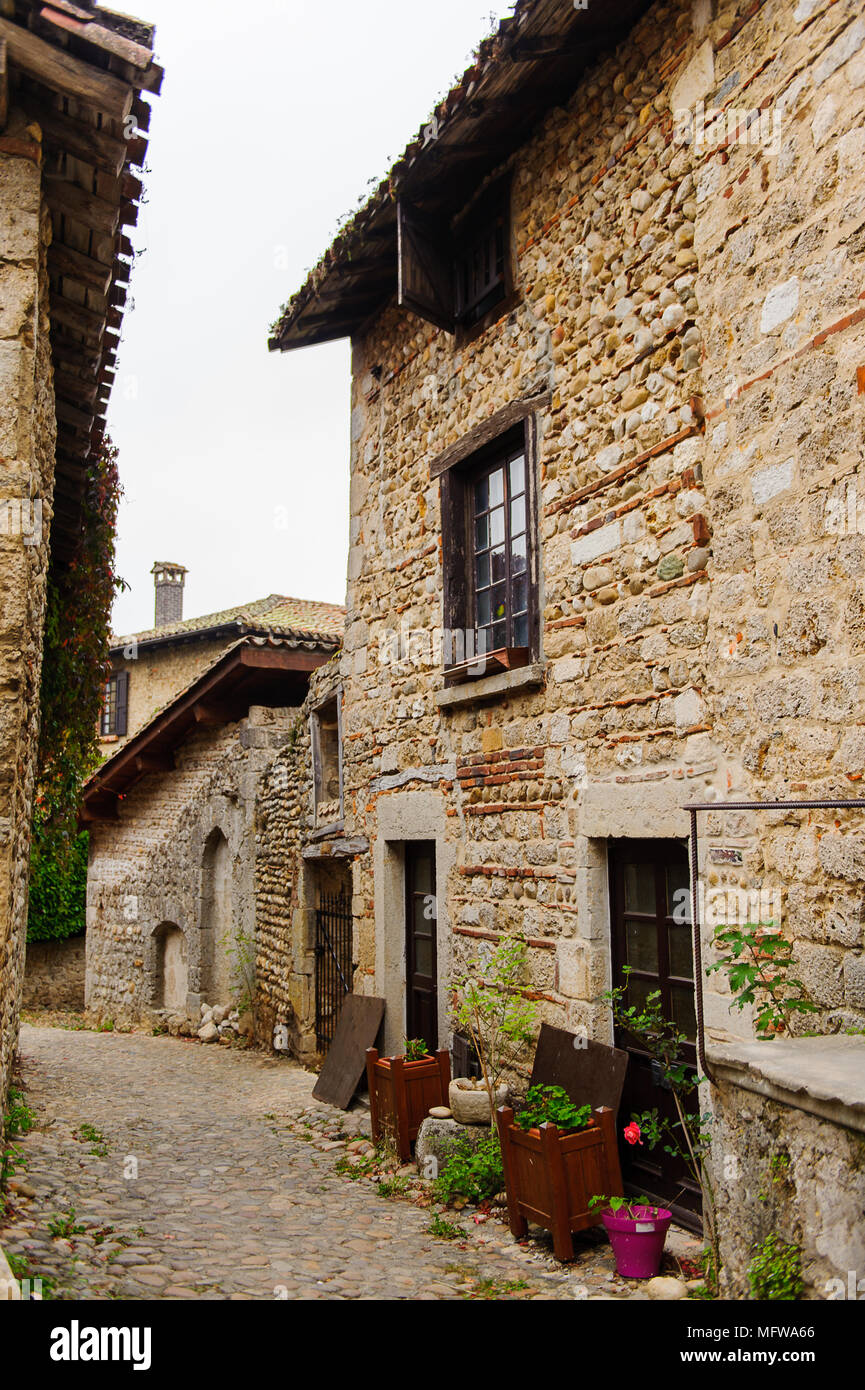 Street of Perouges, France, a medieval walled town, a popular touristic ...