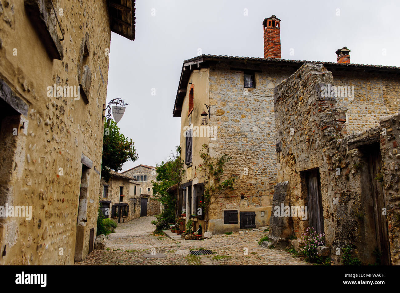 Street of Perouges, France, a medieval walled town, a popular touristic ...