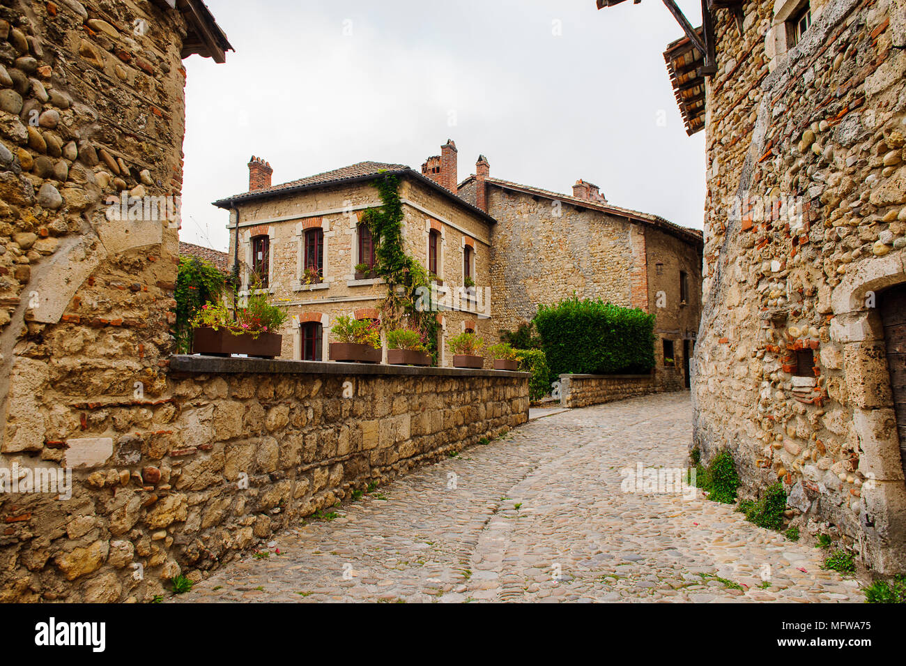 Street of Perouges, France, a medieval walled town, a popular touristic ...