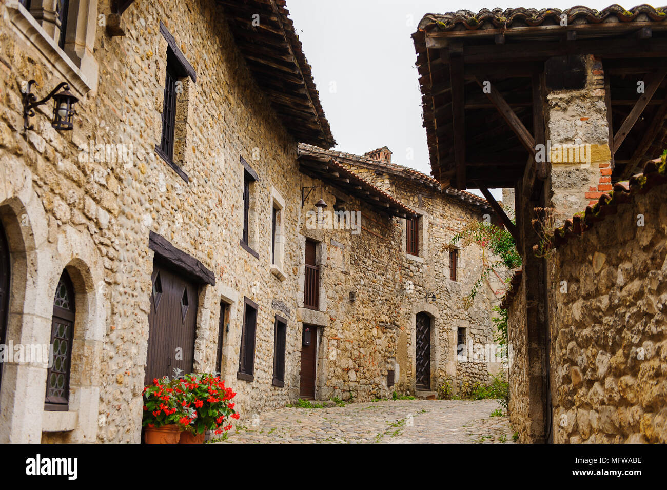 Close view of the authentic stone house of Perouges, France, a medieval ...